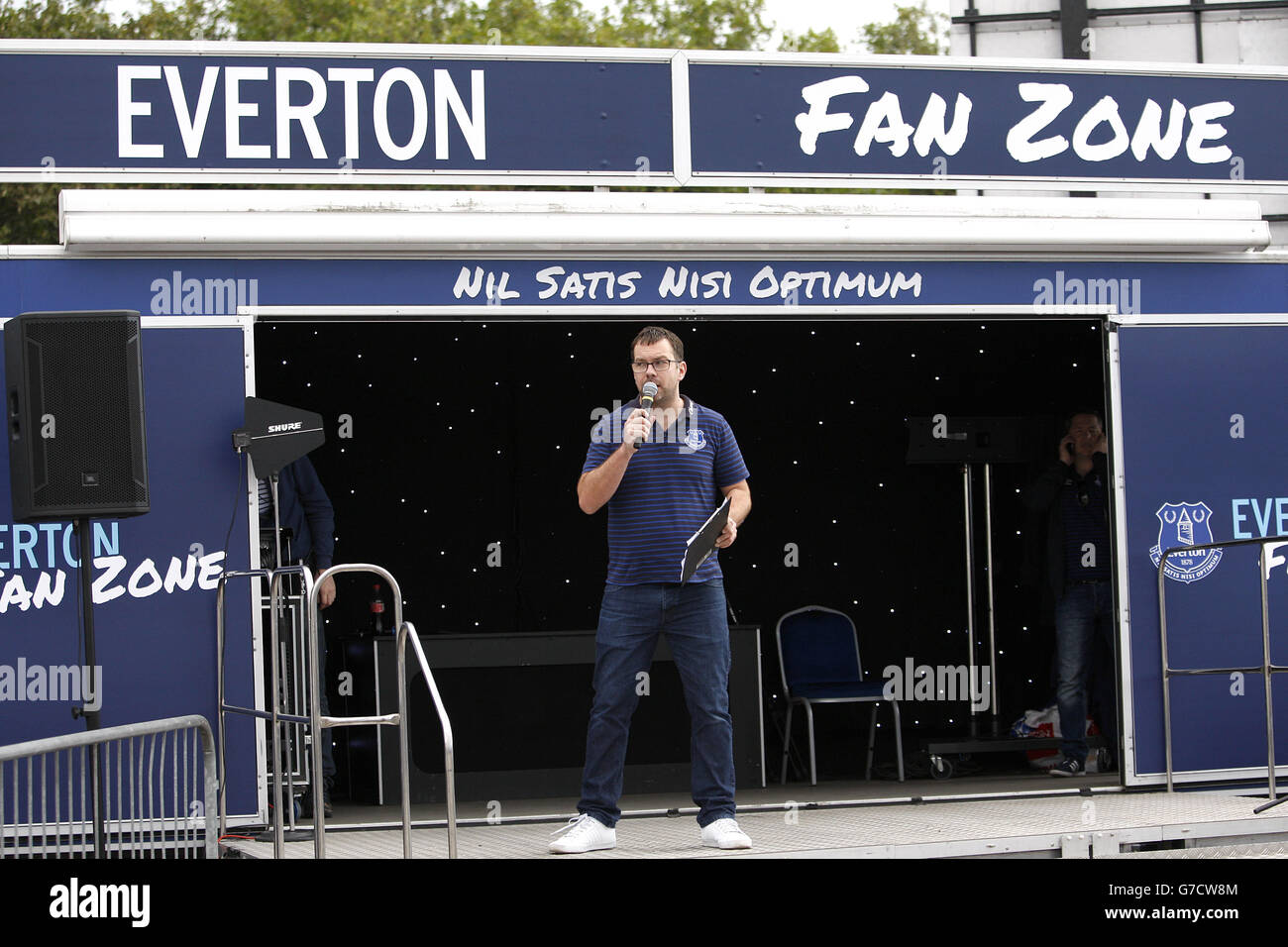 The everton compere on stage during the fan zone event hi-res stock ...