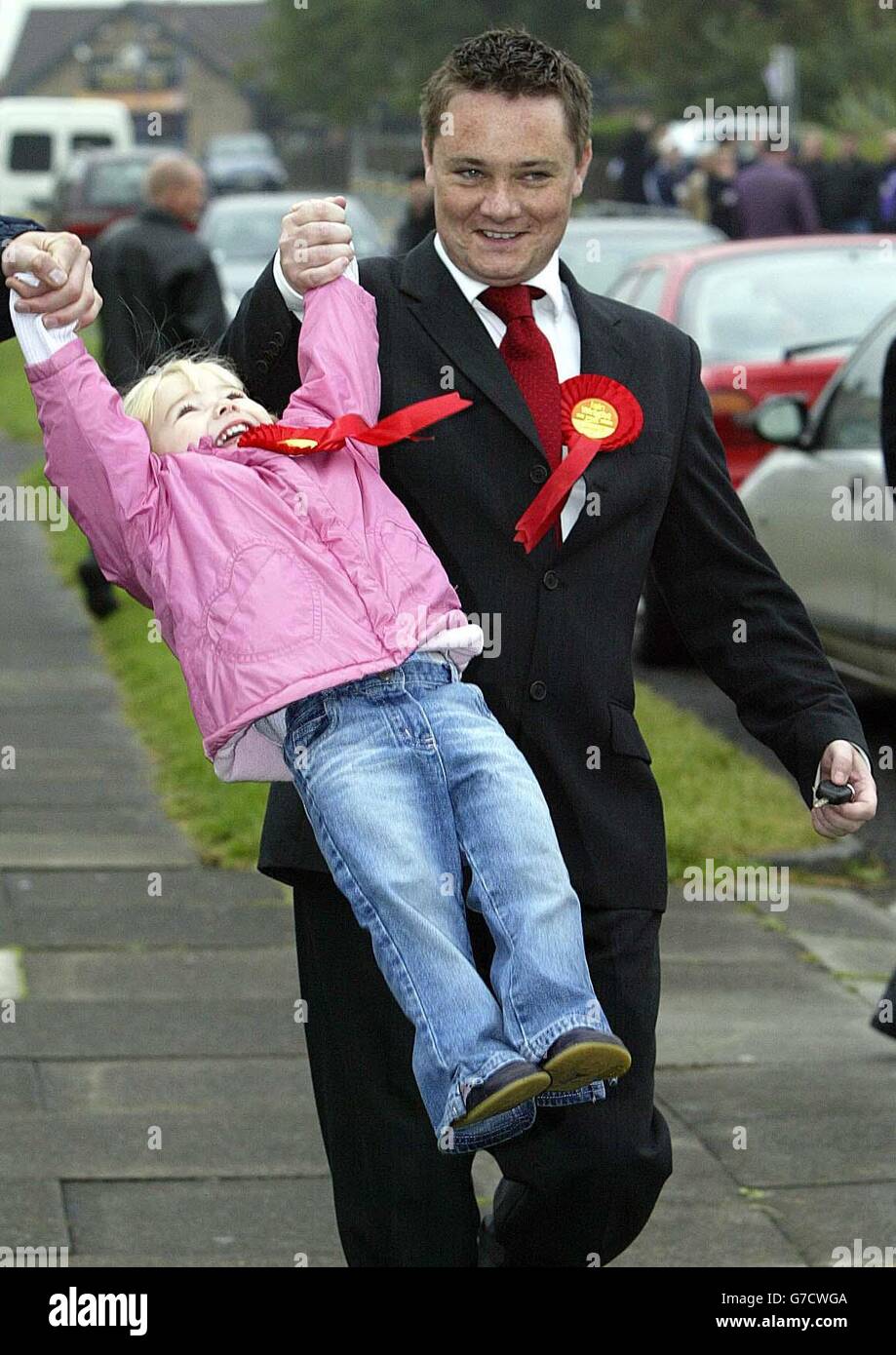 Labour candidate Iain Wright arrives with his daughter, Hattie, two, at ...