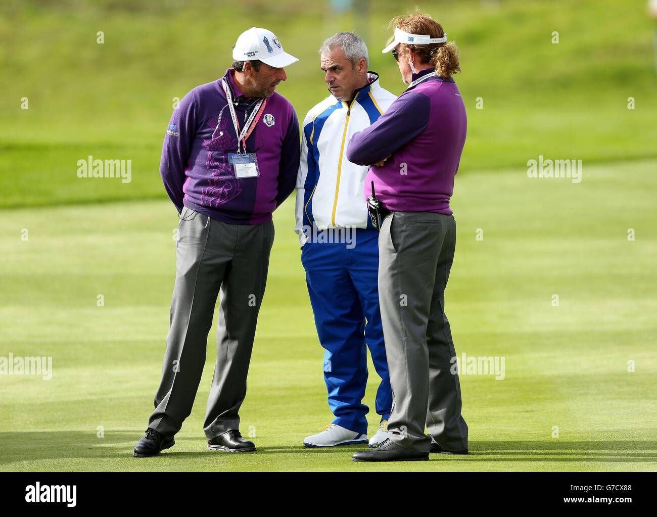 European captain Paul McGinley in conversation with vice captains Jose ...