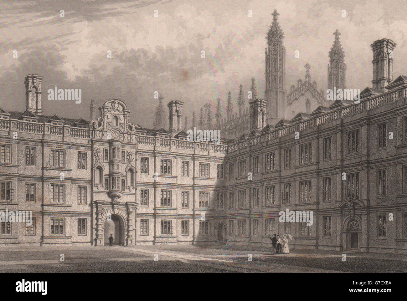 Clare Hall (CLARE COLLEGE) Quadrangle, Cambridge. LE KEUX, antique ...