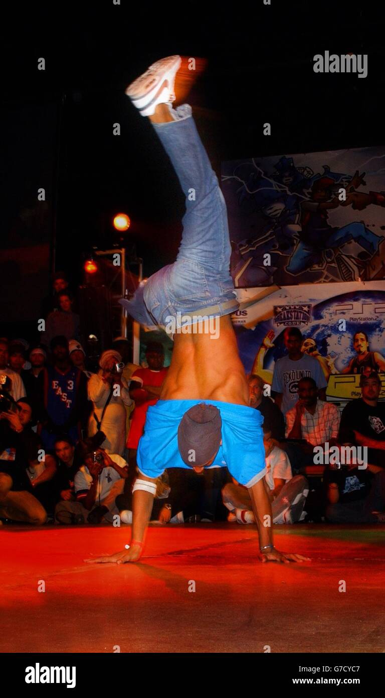 Contestants competing during the team event at the PS2 UK B-Boy ...
