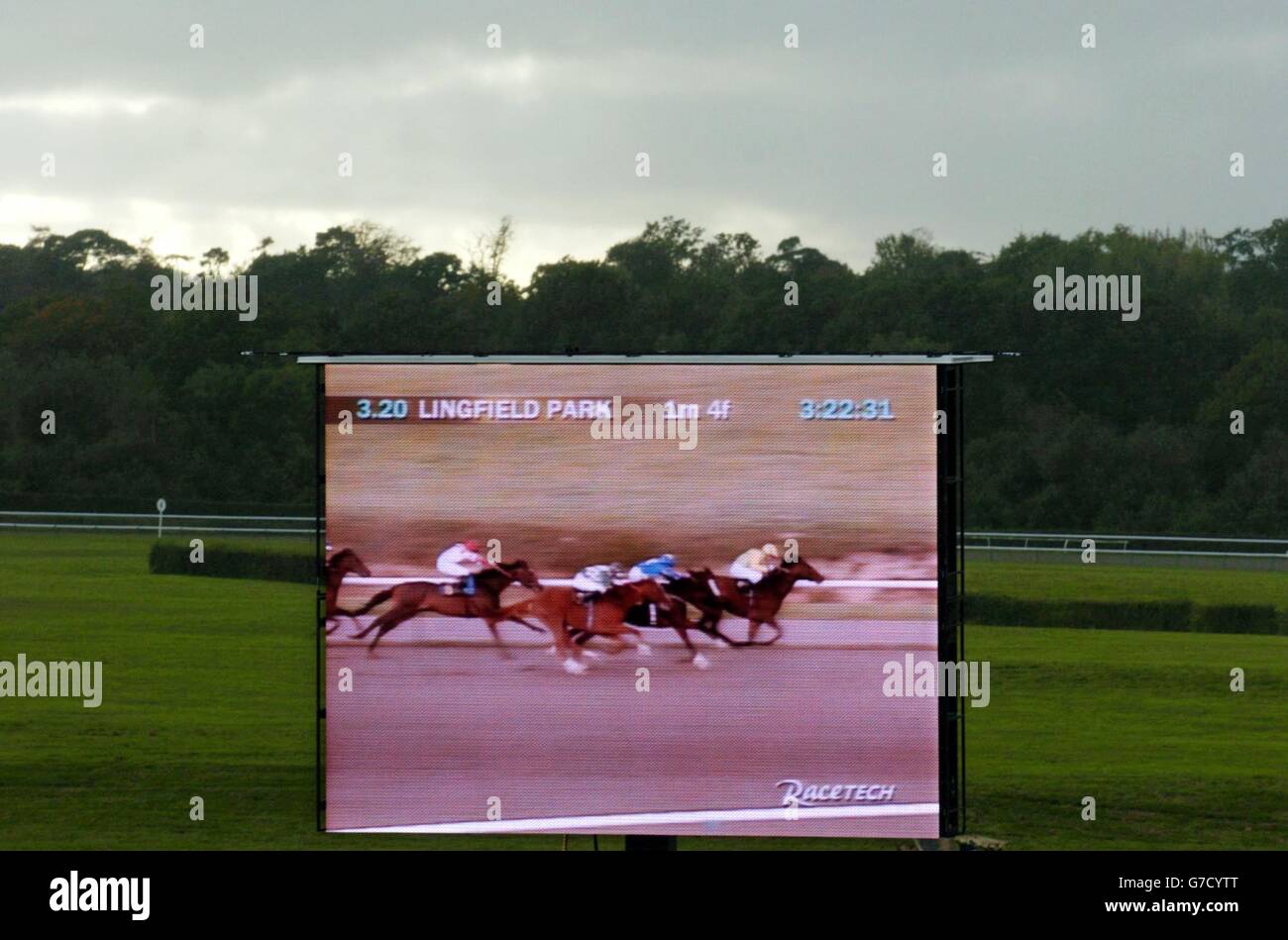 Sport horseracing action big screen television screen jumbotron hi-res ...