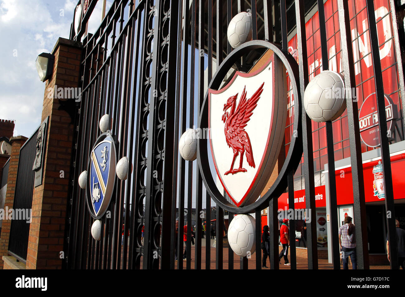 The liverpool crest on the gates at anfield hi-res stock photography ...