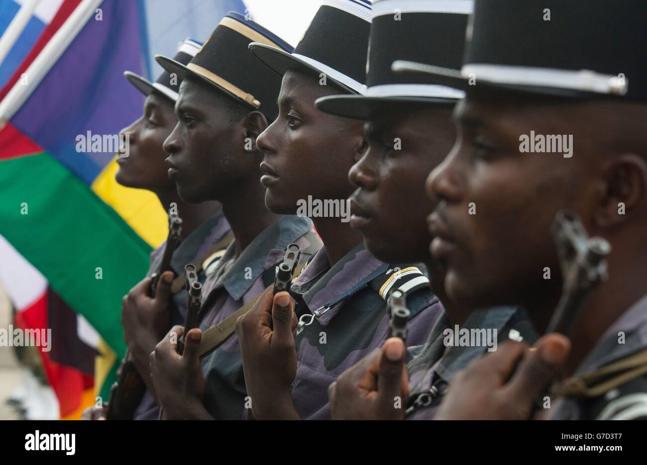 A Gabonese Armed Forces military police stand in formation during the ...