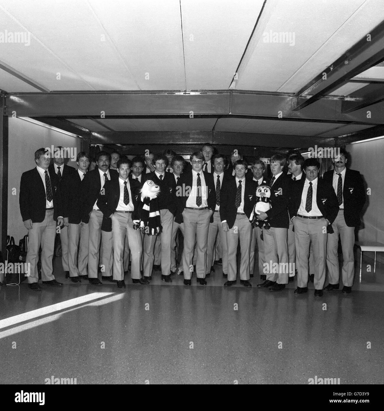 The New Zealand All Blacks rugby team at Heathrow Airport. They are ...