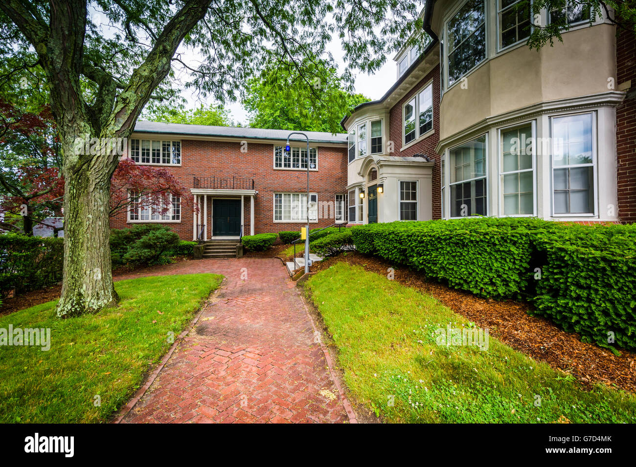 Brick buildings and walkway on the campus of Brown University, in ...