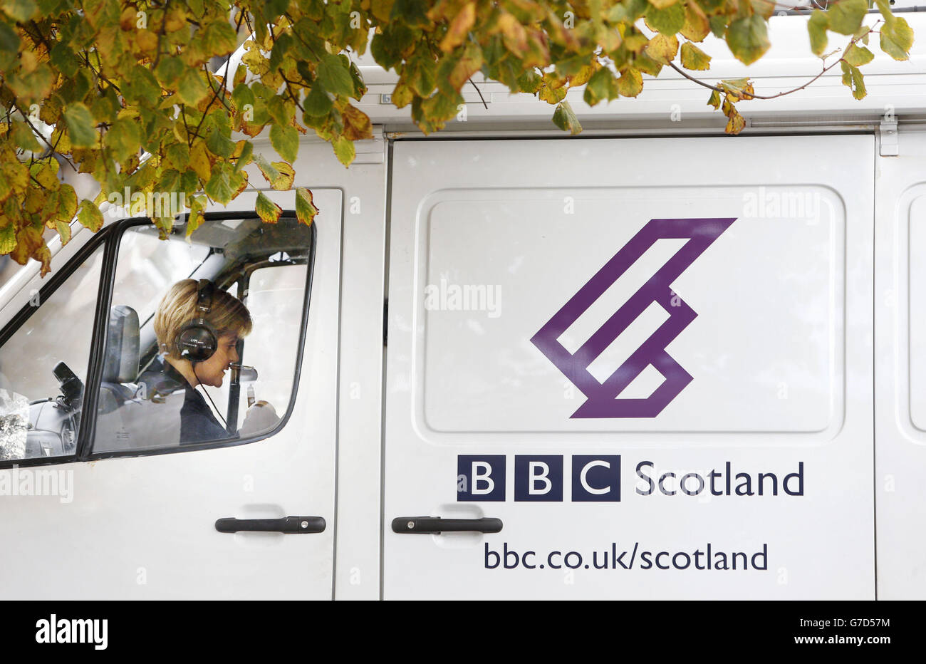 Nicola Sturgeon conducts a radio interview in a BBC van outside the ...