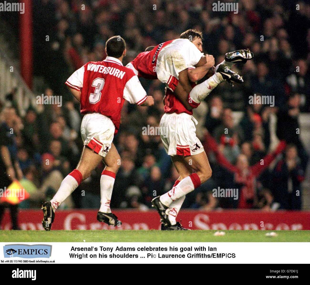 Arsenal's Tony Adams celebrates his goal with Ian Wright on his ...