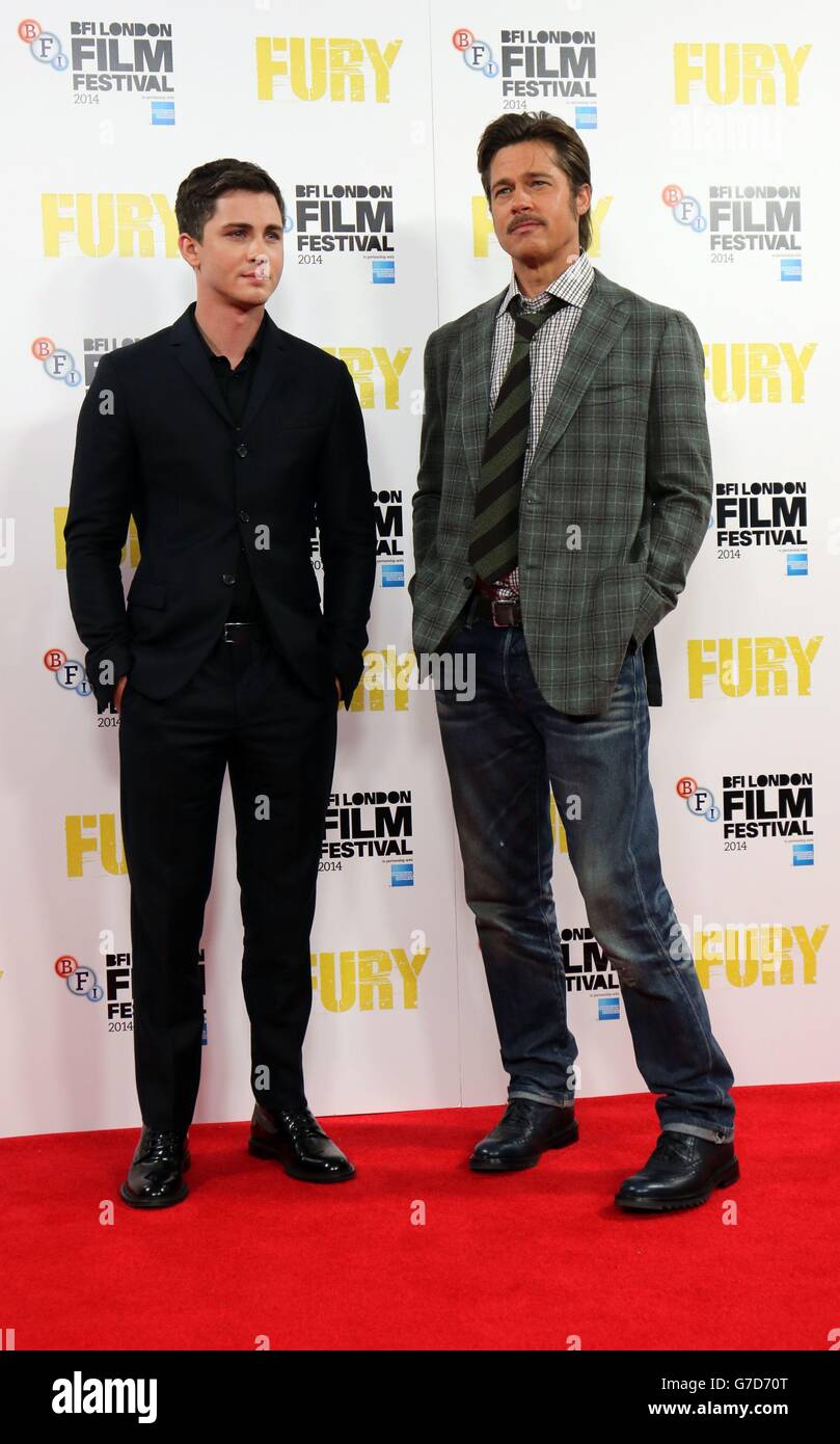 Brad Pitt (right) and Logan Lerman during a photocall for World War II ...