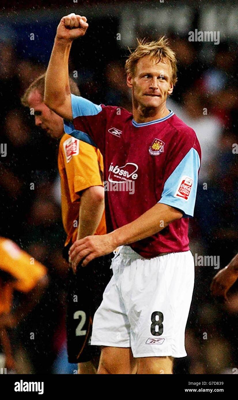 West Ham's Teddy Sheringham celebrates scoring his side's winning goal ...