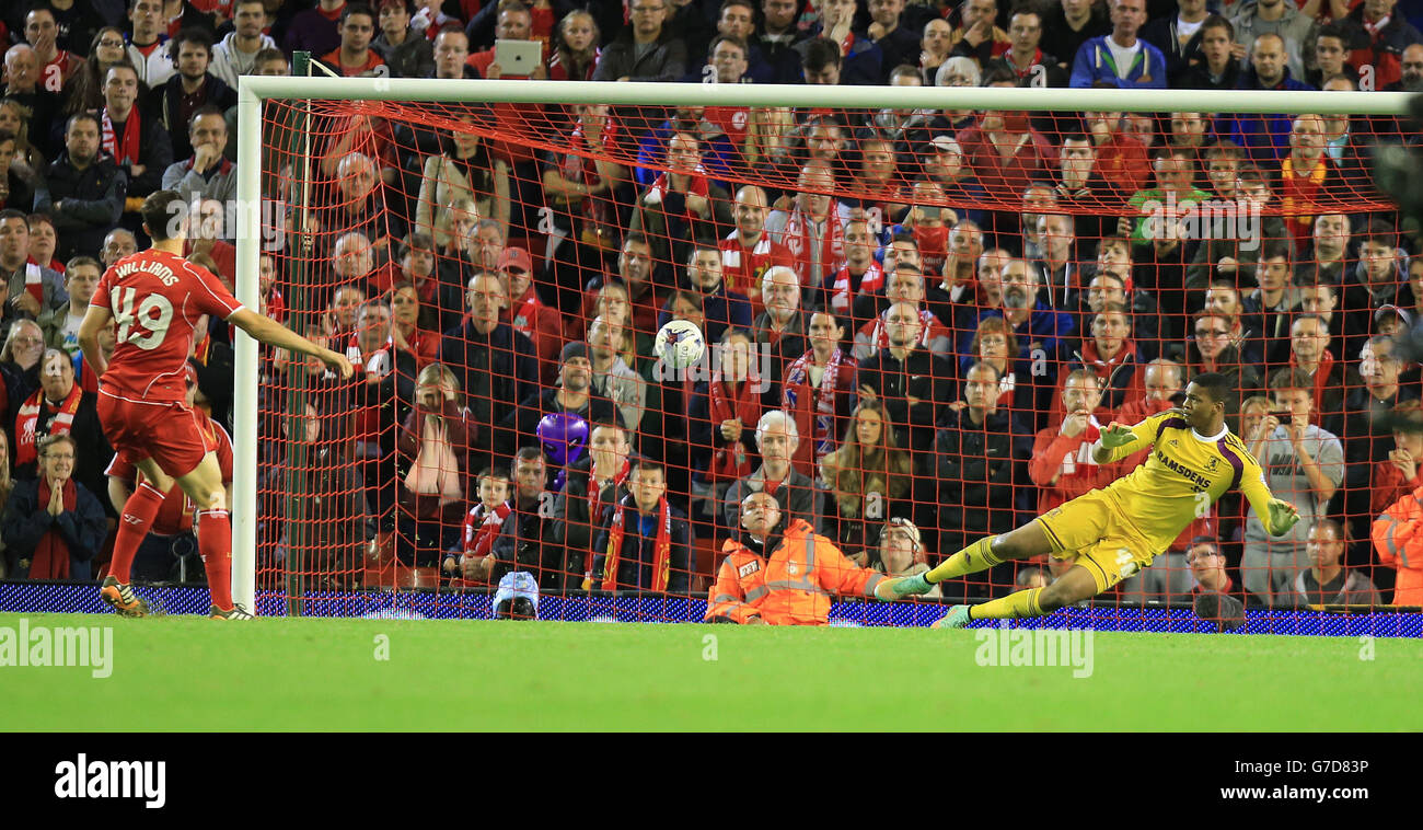 Liverpool's Jordan Williams scores his penalty in the shootout during ...