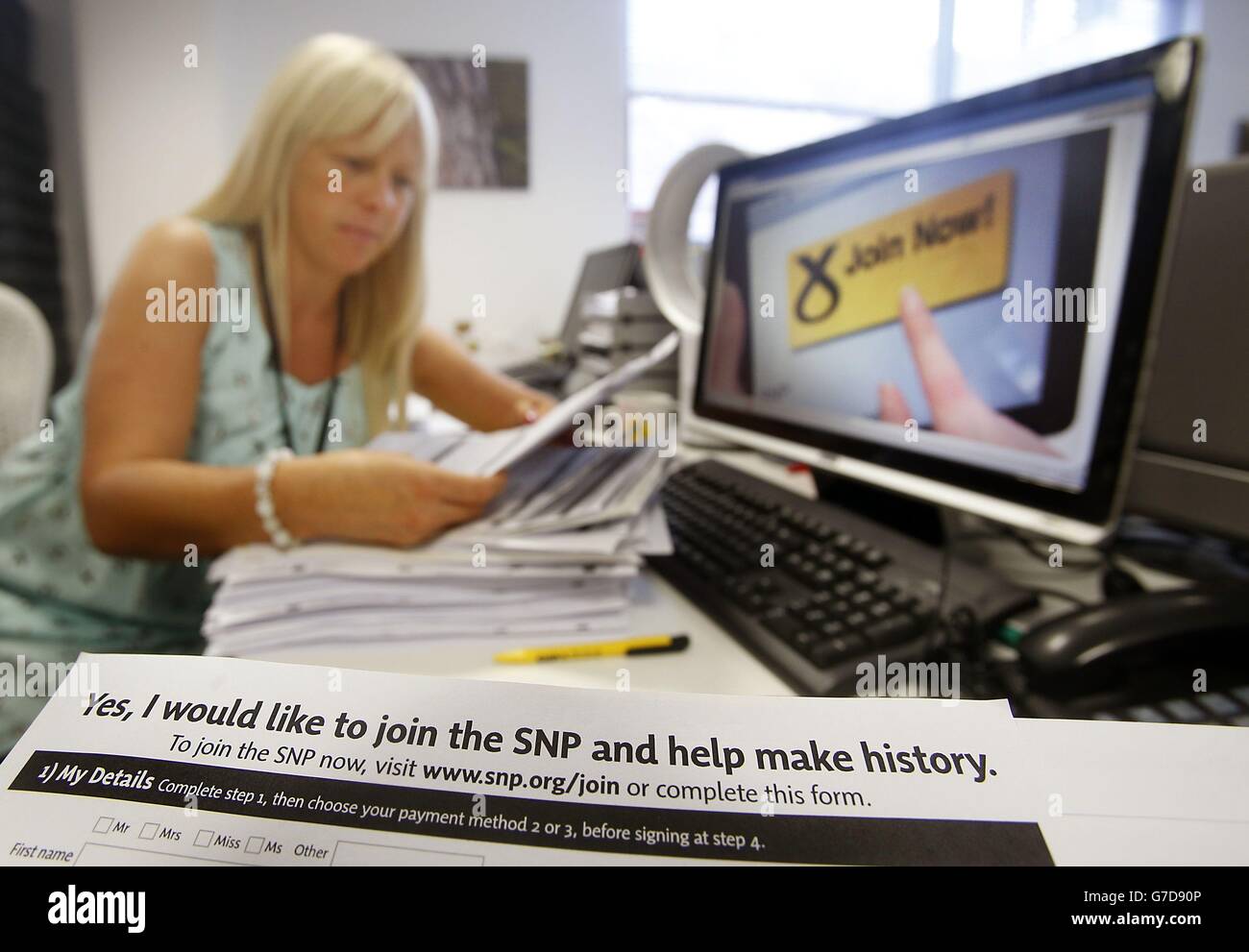 Scottish National Party (SNP) employee Claire Bennett processes SNP ...