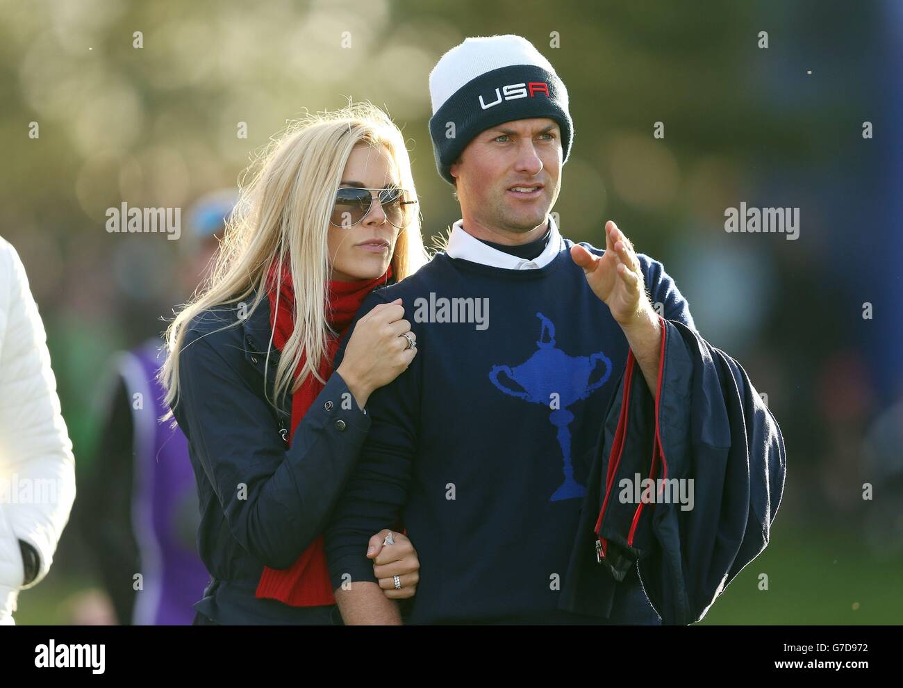 Dowd and Webb Simpson watch play during day one of the 40th Ryder Cup at Gleneagles Golf Course ...