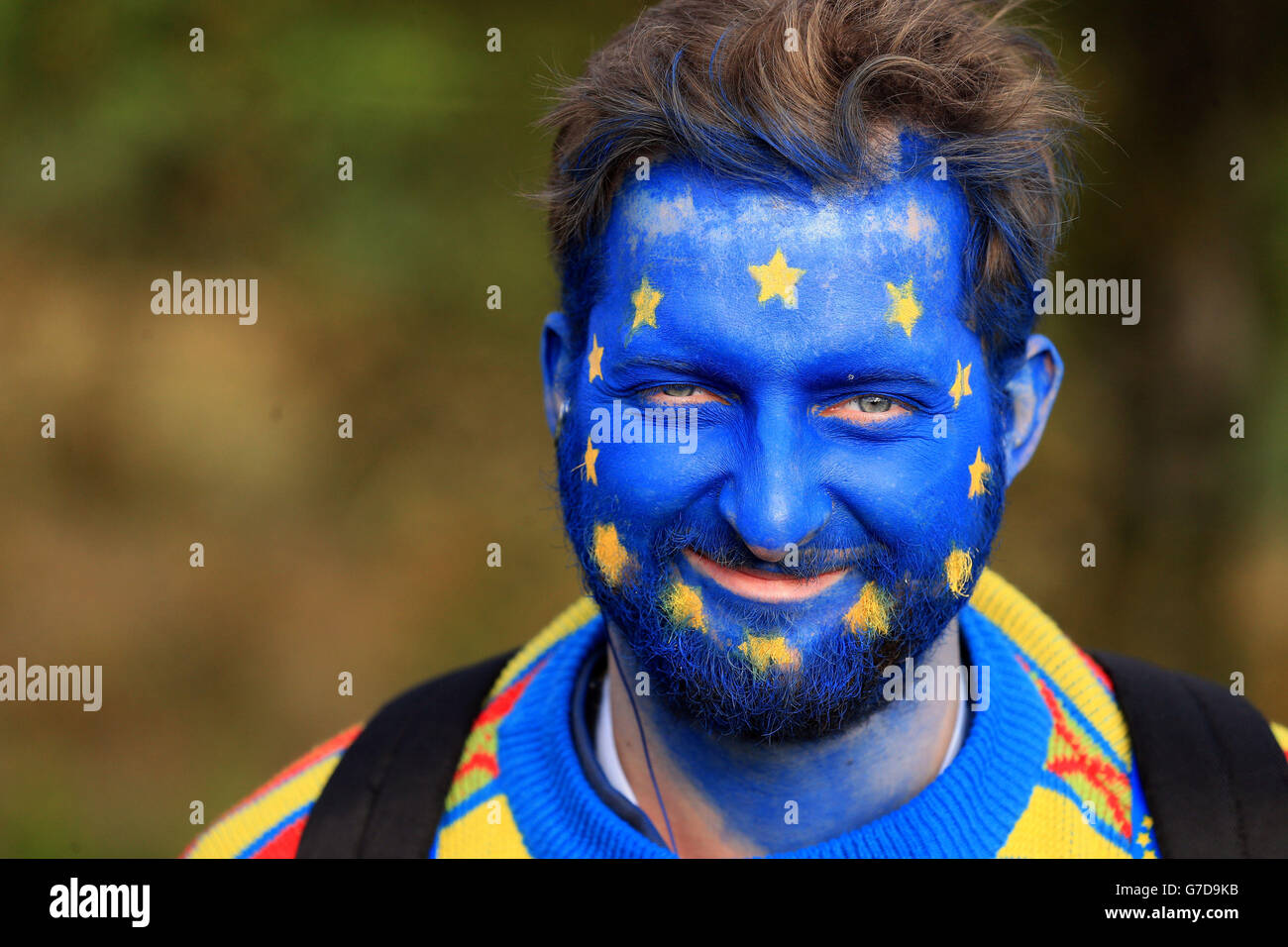 A Europe fan with face paint during the Fourball matches on day two of ...