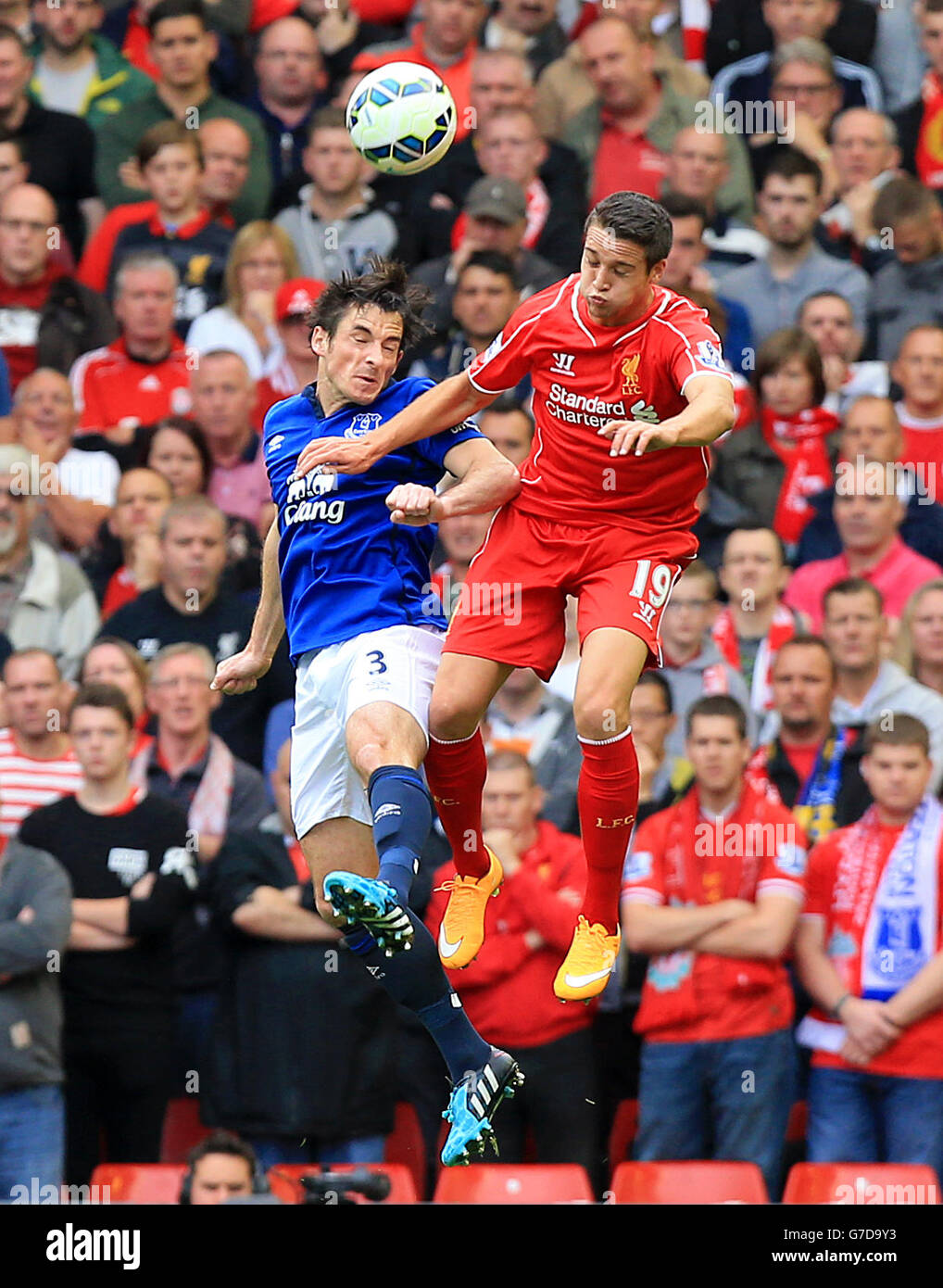 Everton's Leighton Baines (left) and Liverpool's Javi Manquillo battle ...