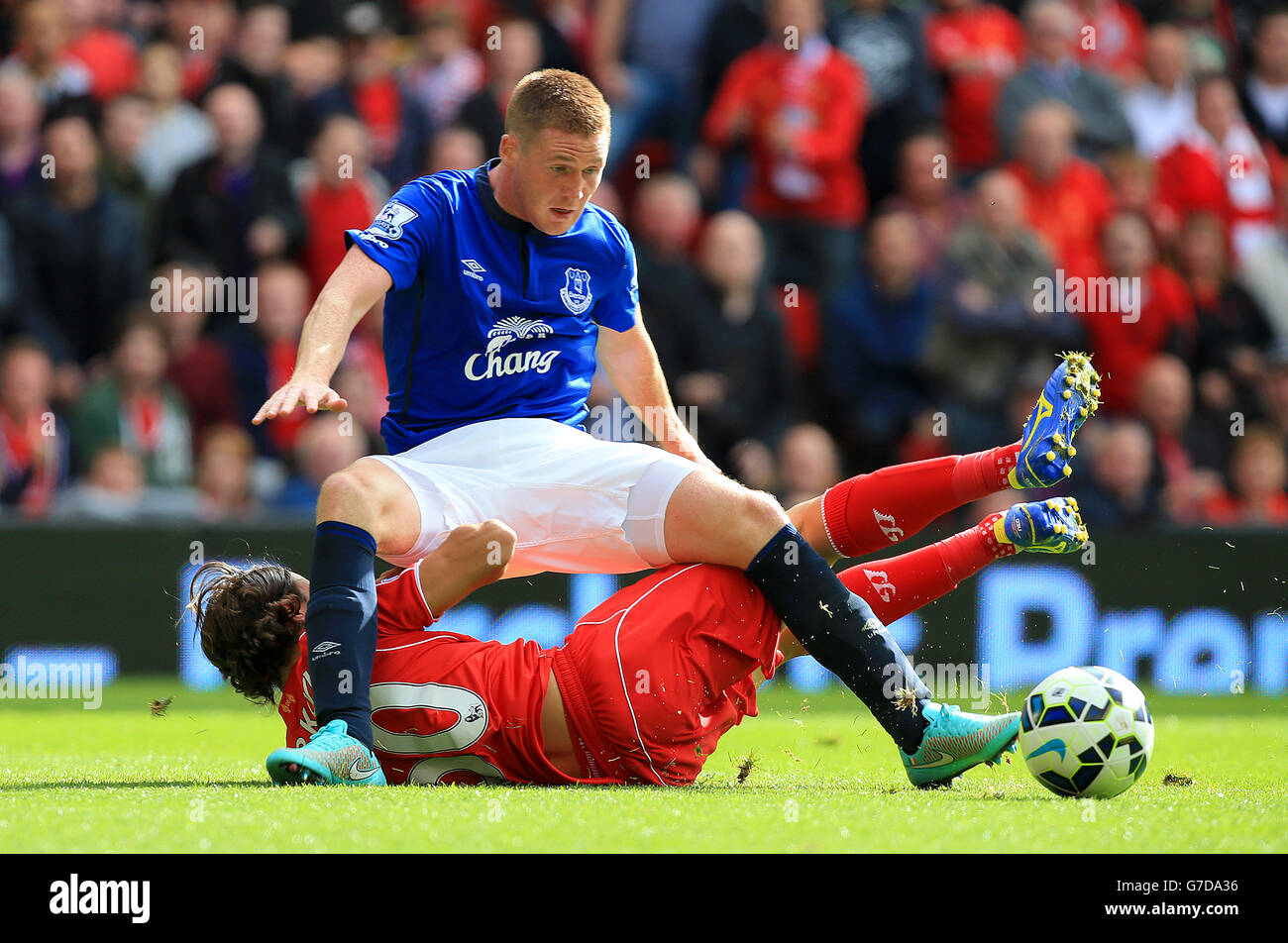 Everton's James McCarthy (right) and Liverpool's Lazar Markovic battle ...