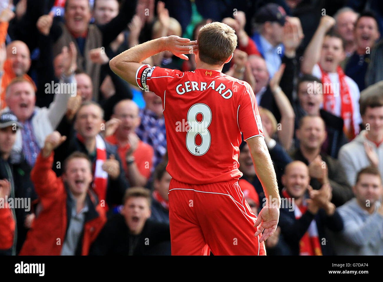 Liverpool's Steven Gerrard celebrates scoring his side's first goal ...