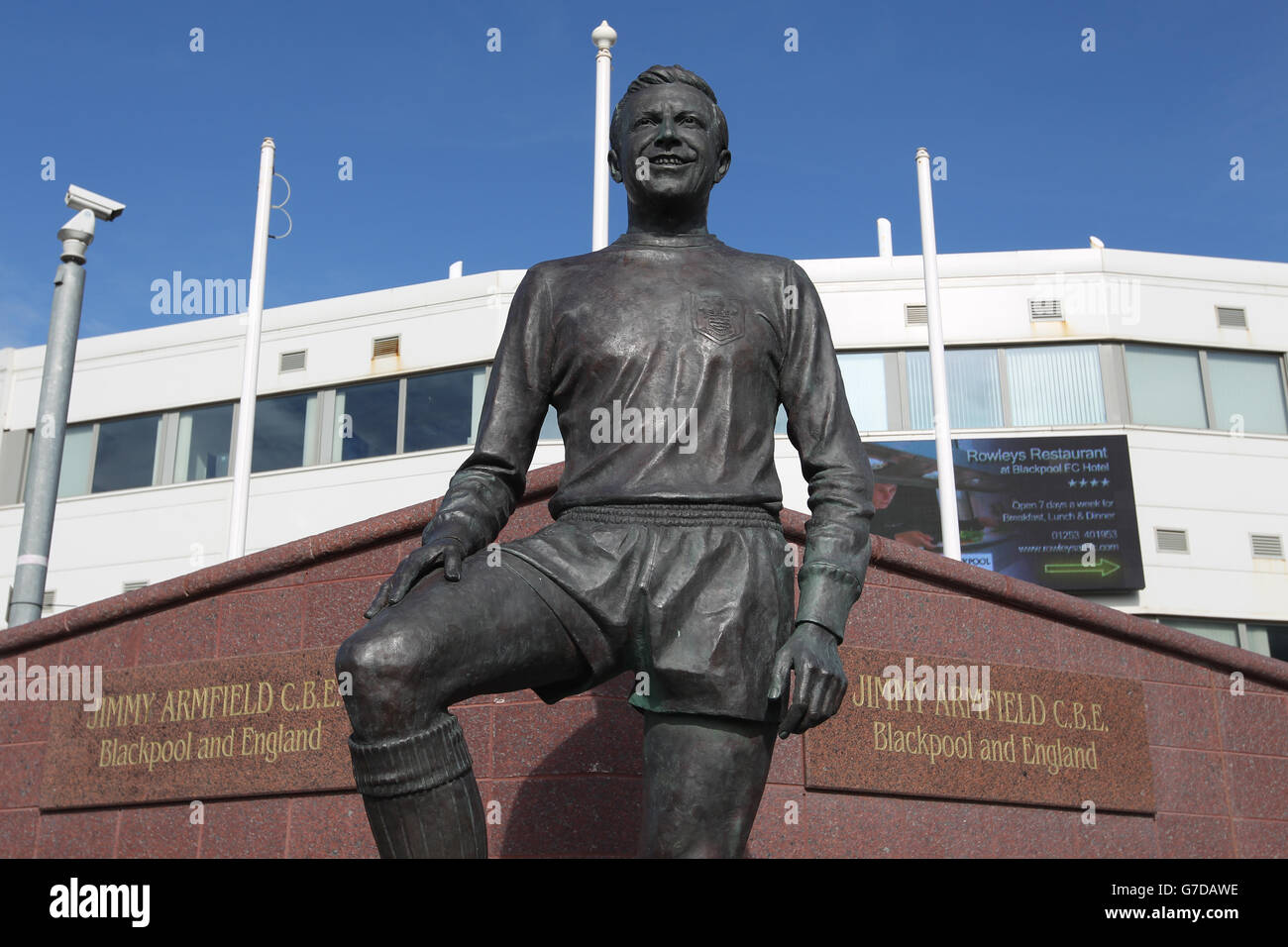 A general view of the Jimmy Armfield statue outside Bloomfield Road ...