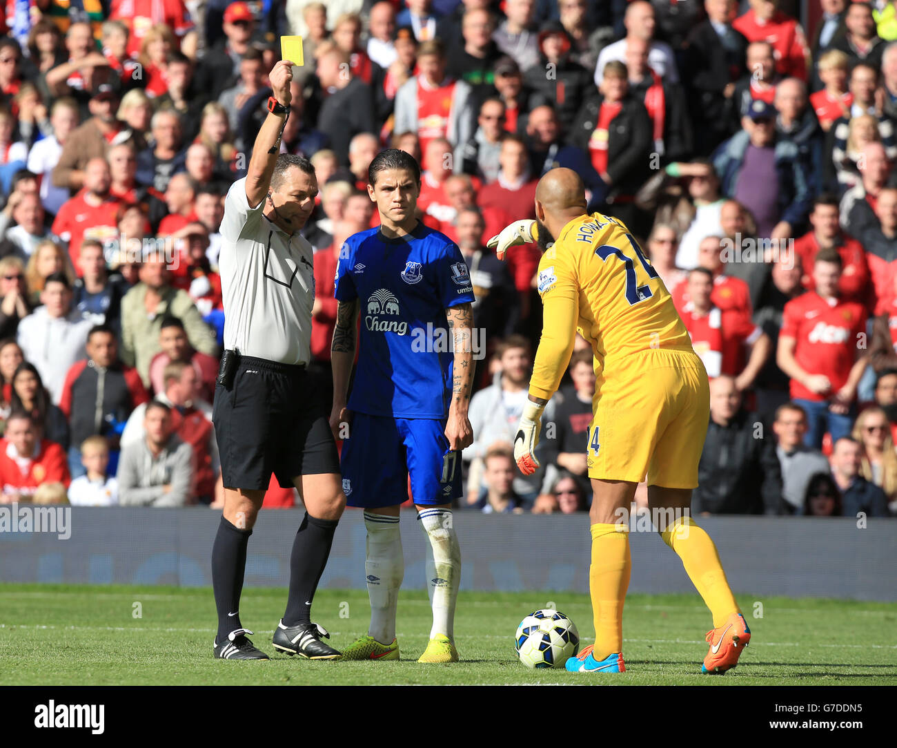 Everton goalkeeper Tim Howard receives a yellow card during the ...