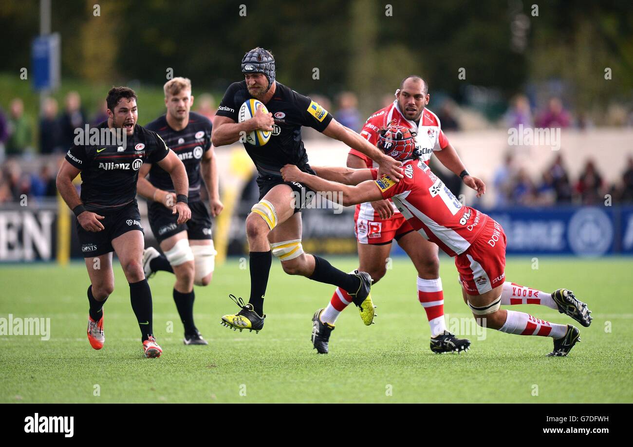 Saracens' Alistair Hargreaves gets away from Gloucester Rugby's Tom ...