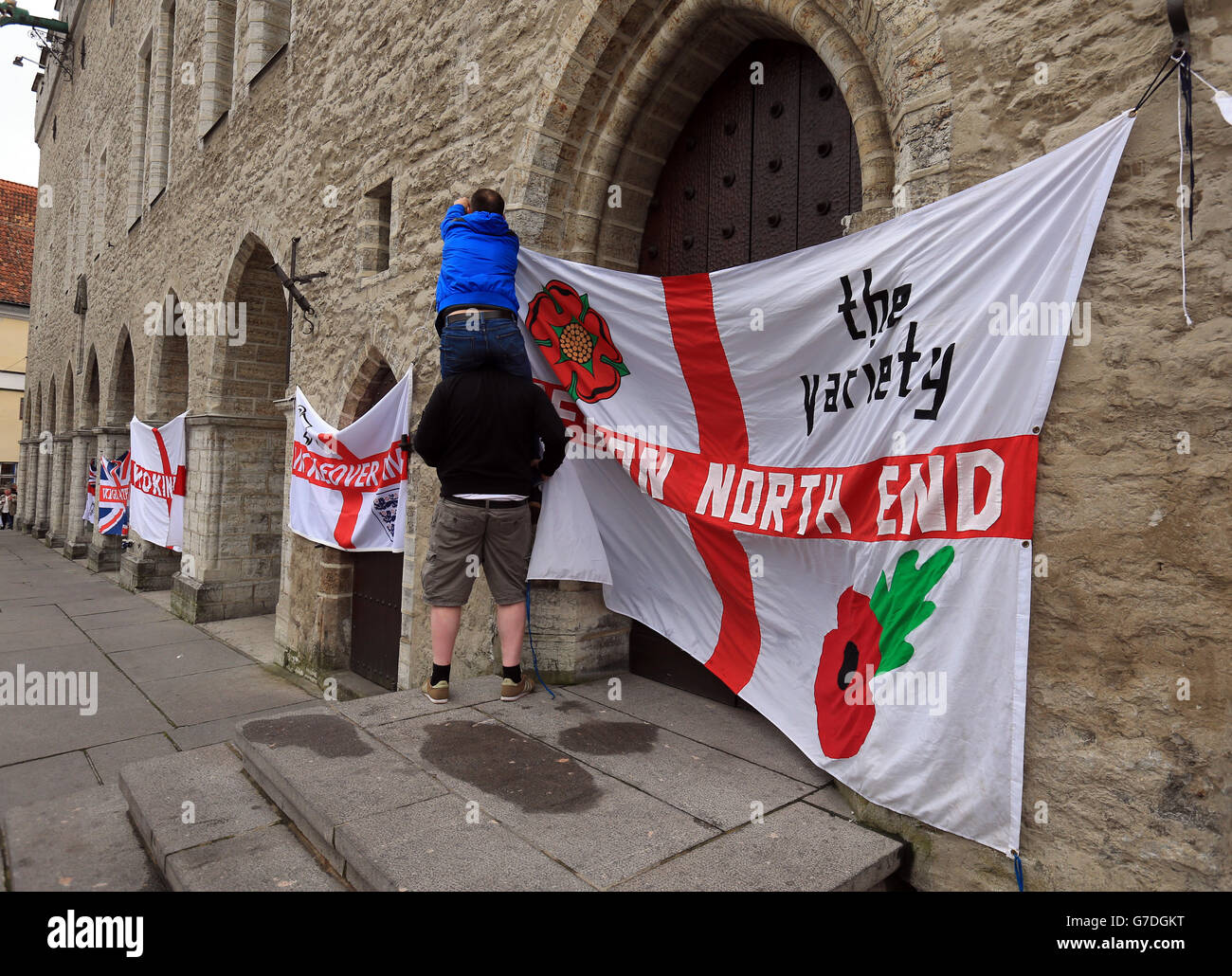 England fans put up their flags in Town Hall Square before the UEFA ...