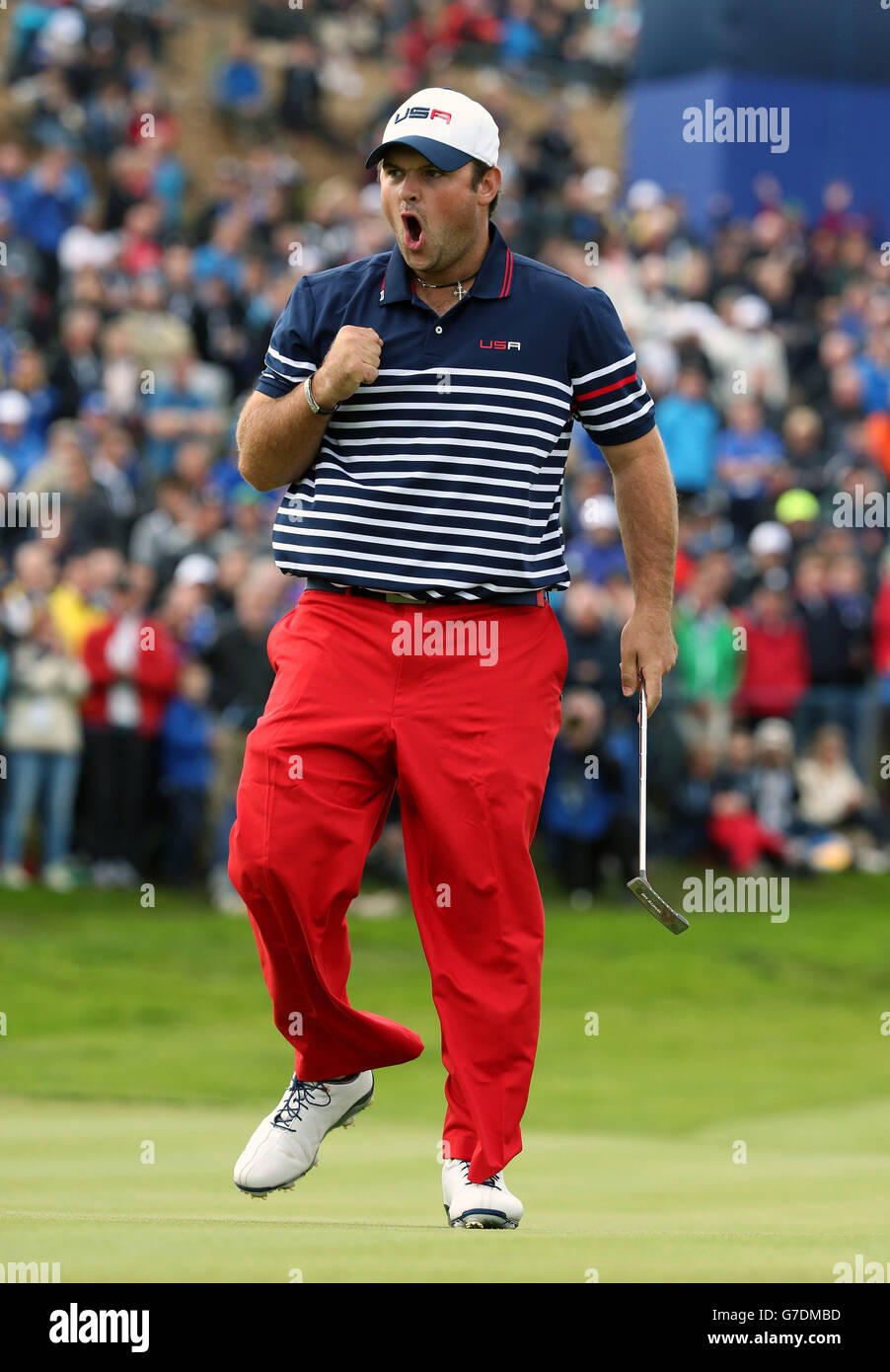 USA's Patrick Reed celebrates on the eighth green during the Singles ...