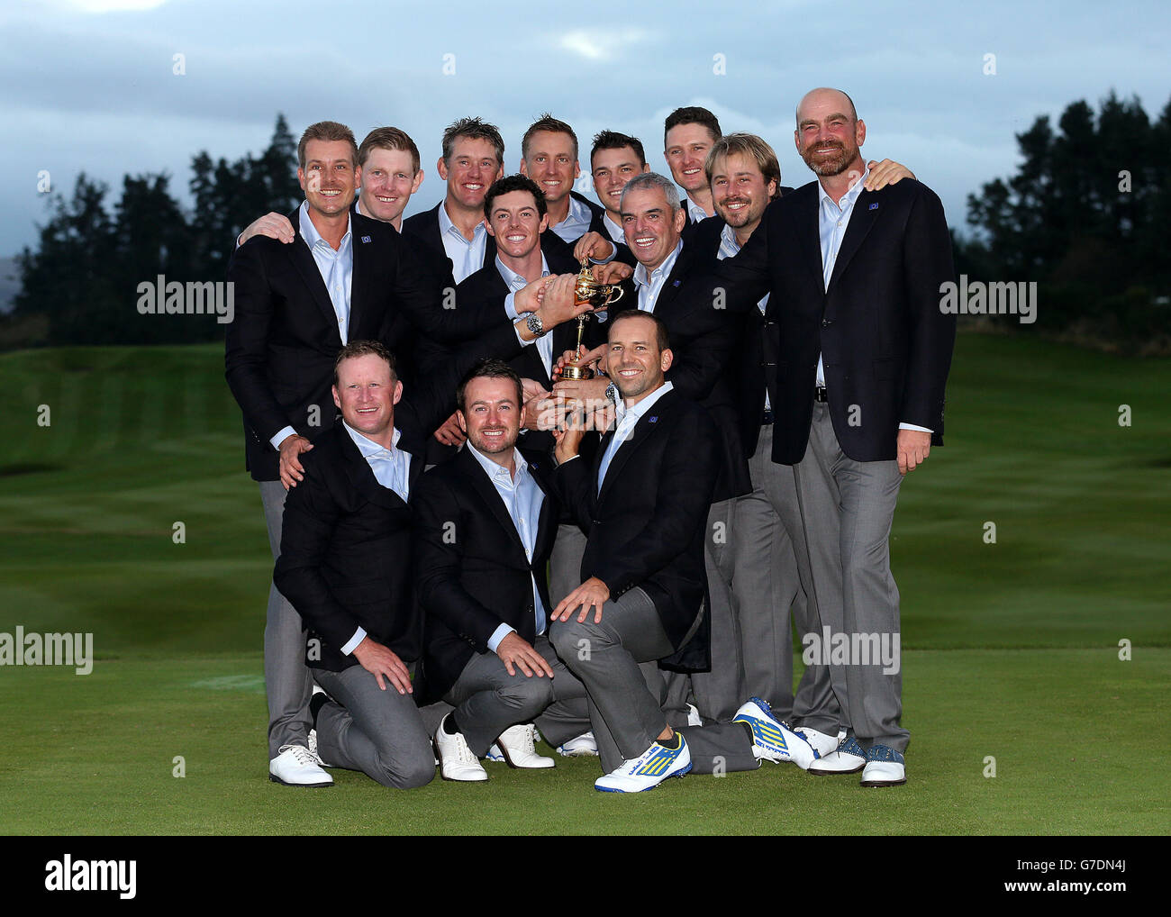Team Europe pose with the Ryder Cup on day three of the 40th Ryder Cup ...