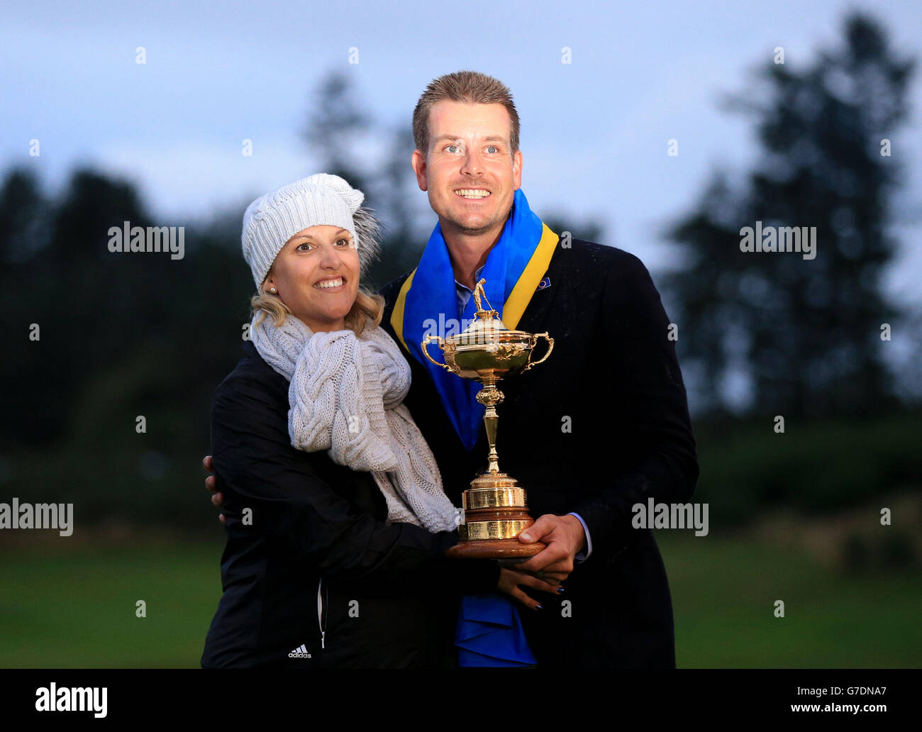 Europe's Henrik Stenson and Emma Stenson poses with the Ryder Cup on ...