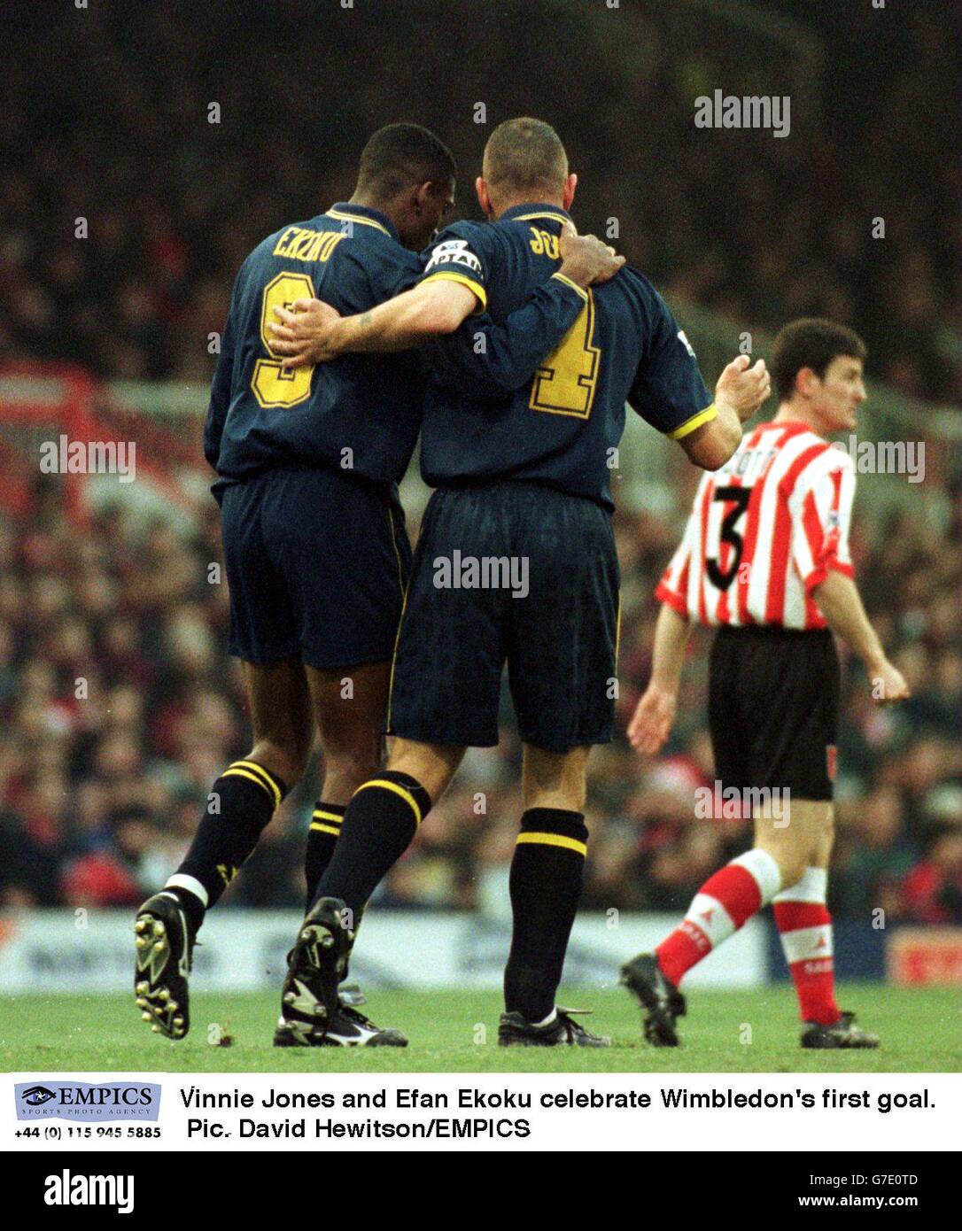 Vinnie jones and efan ekoku celebrate wimbledons first goal hi-res ...