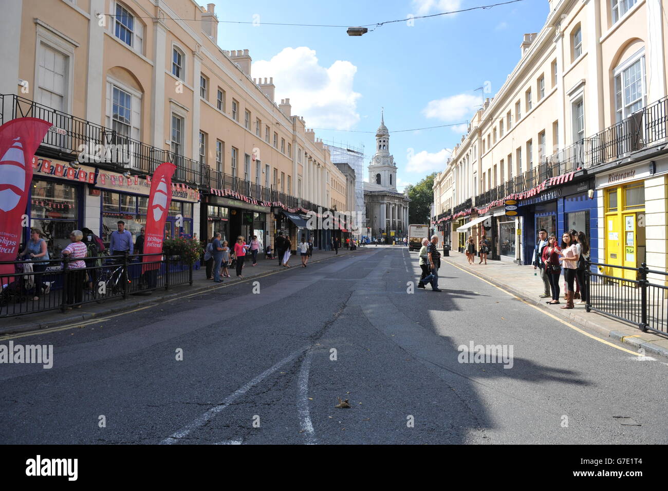 A general view looking along Nelson Road, towards St Alfege Church in ...