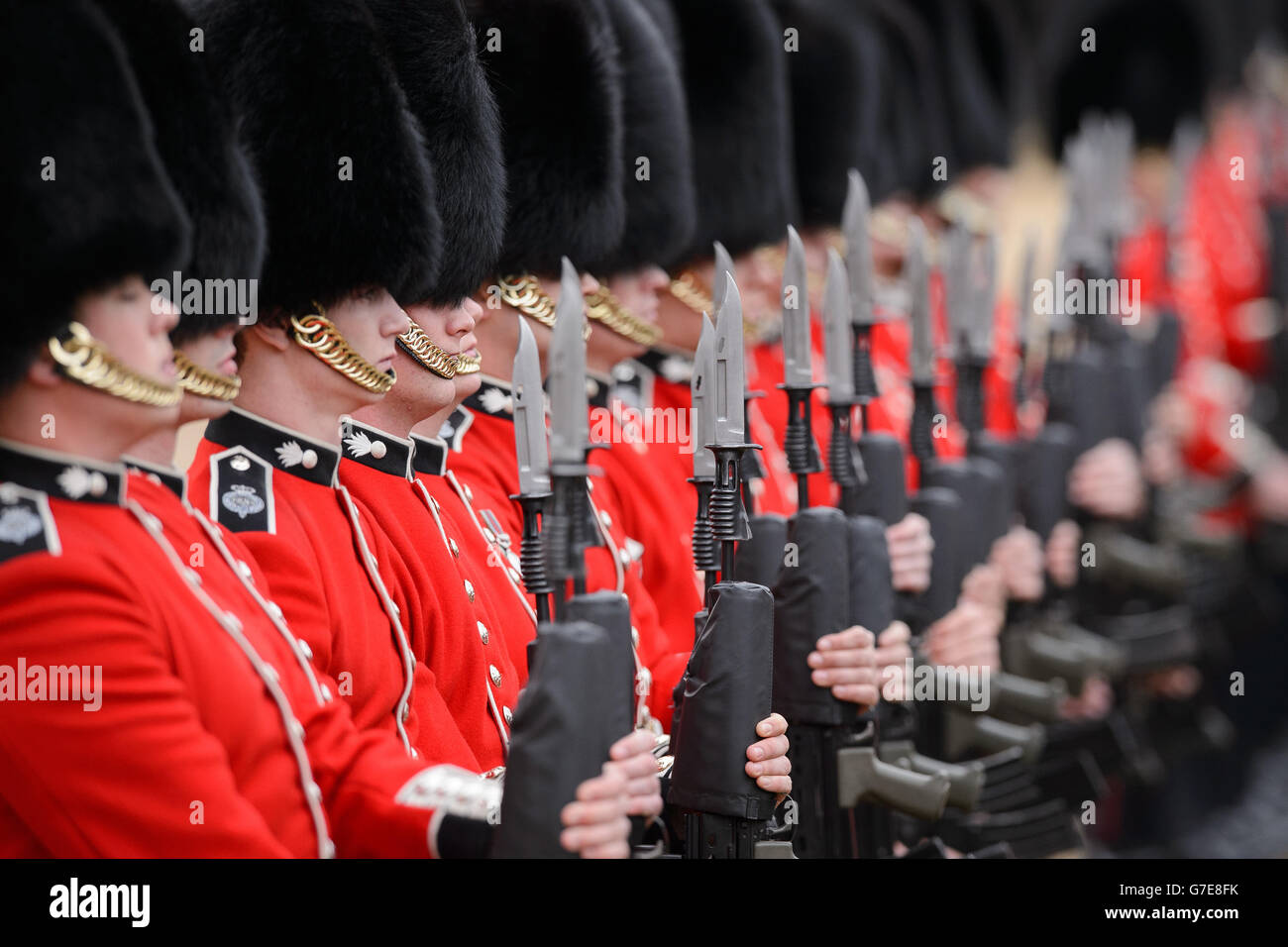 British Guardsmen form an honour guard during the ceremonial welcome ...