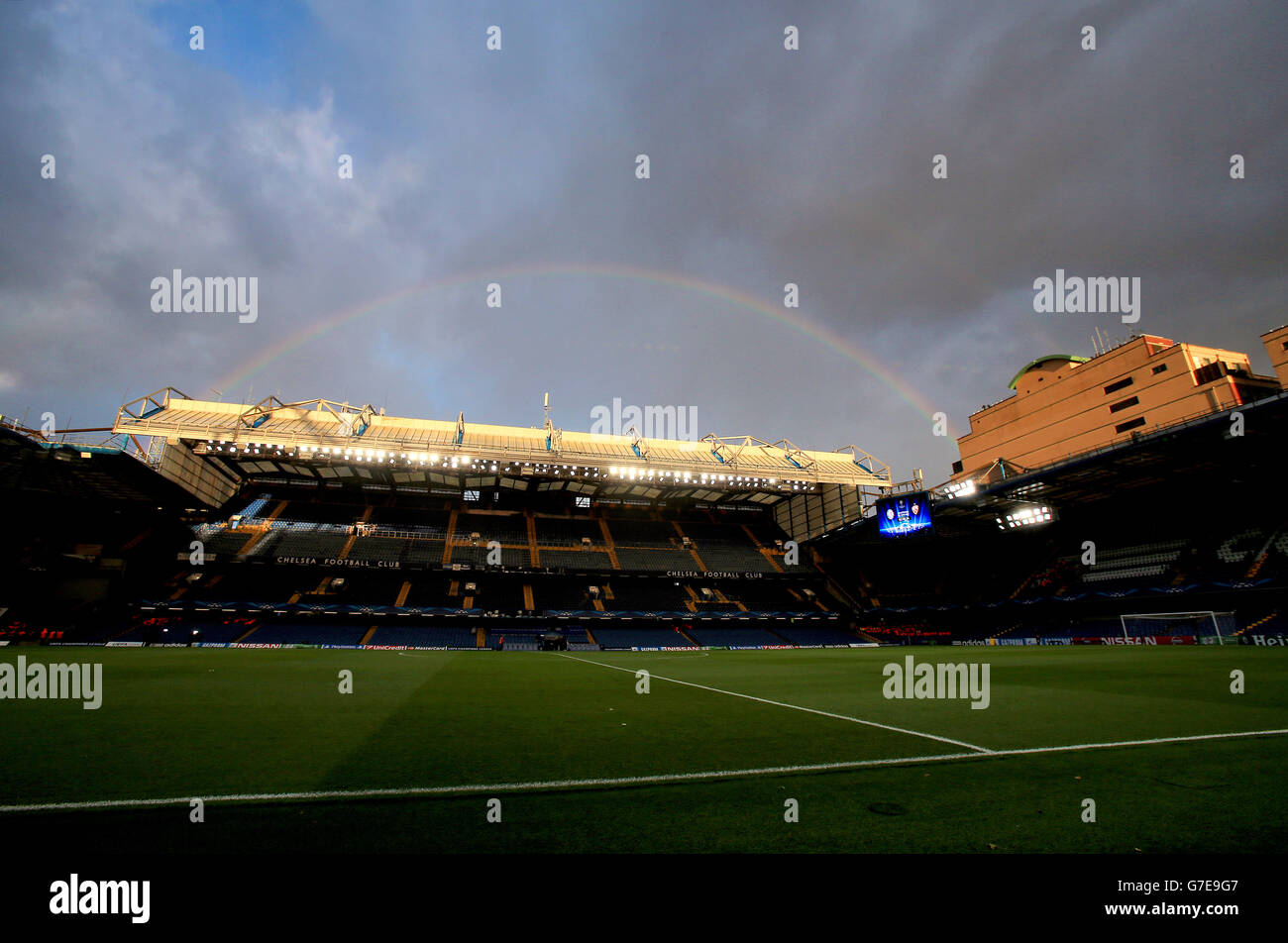 A rainbow over the ground before kick-off during the UEFA Champions ...