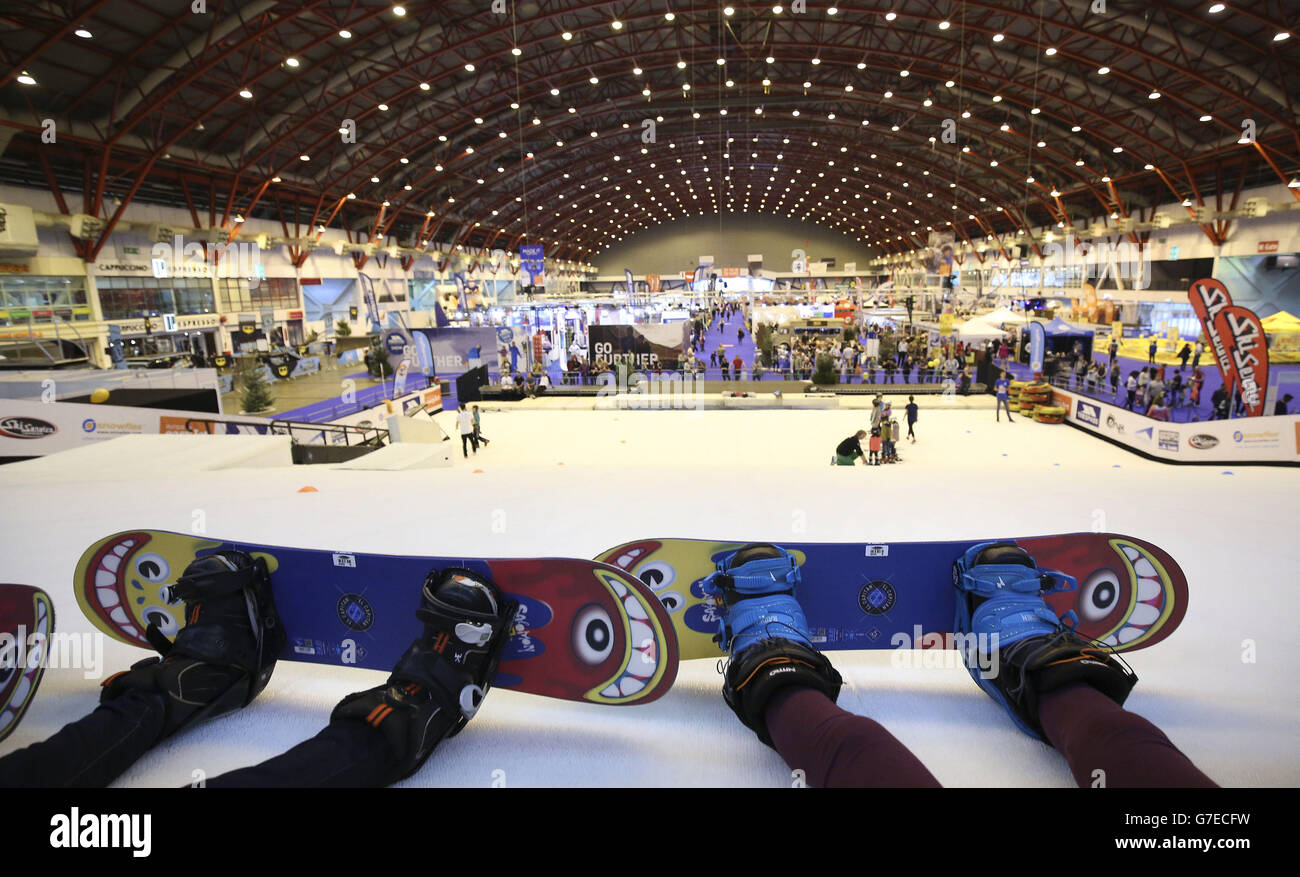 Children having a snowboard lesson on the dry ski slope at the Ski and ...
