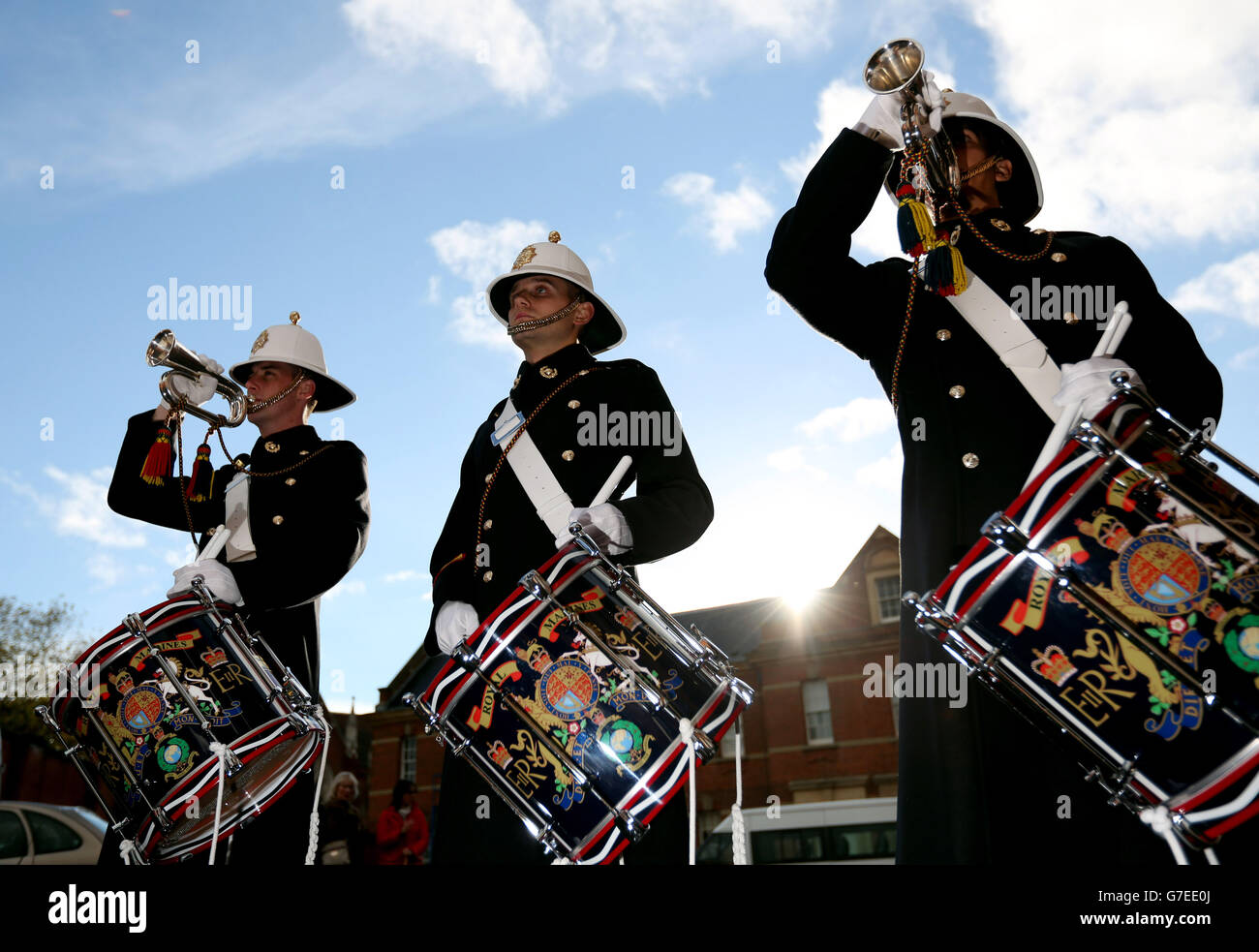 (left to right) Royal Marine Band Service Buglers Perry Lawrence, Chris ...