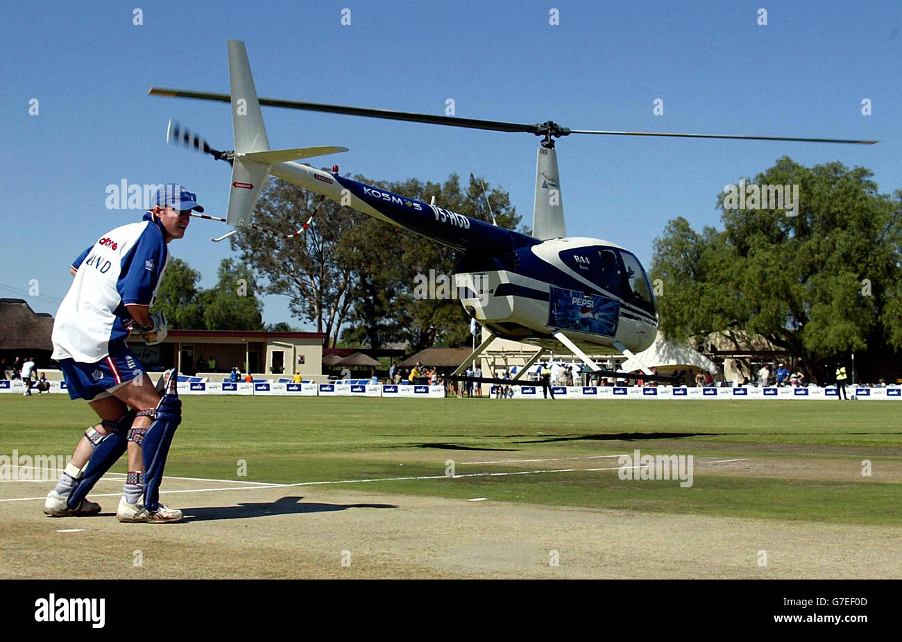 CRICKET Helicopter dries out the pitch Stock Photo - Alamy