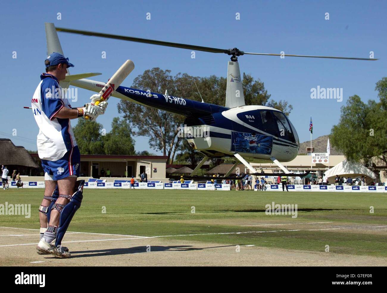CRICKET Helicopter dries out the pitch Stock Photo - Alamy