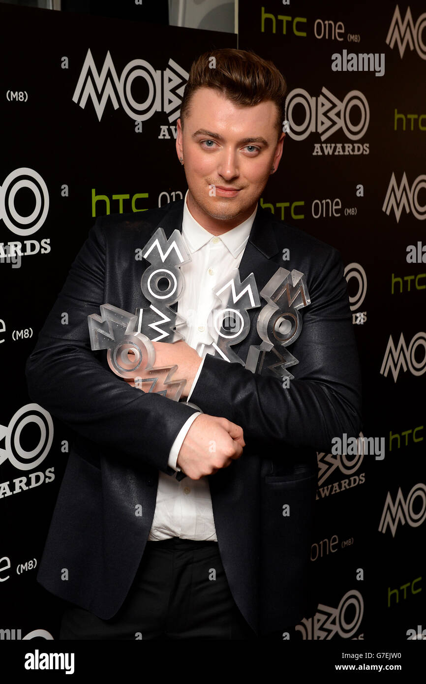 Sam Smith winner of Best RnB/Soul in the press room at the Mobo Awards ...