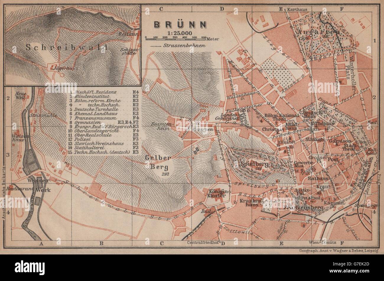 BRNO (BRUNN BRÜNN) antique town city plan mesta. Czech Republic mapa ...