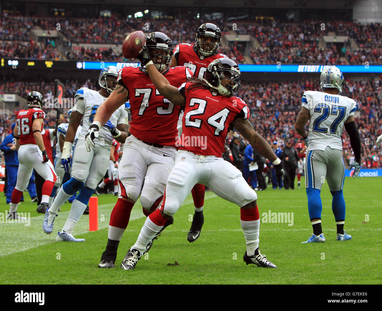 Atlanta Falcons' Devonta Freeman (right) celebrates scoring his sides ...