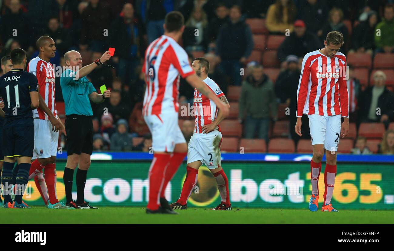 Stoke City's Peter Crouch is sent off by referee Lee Mason during the ...