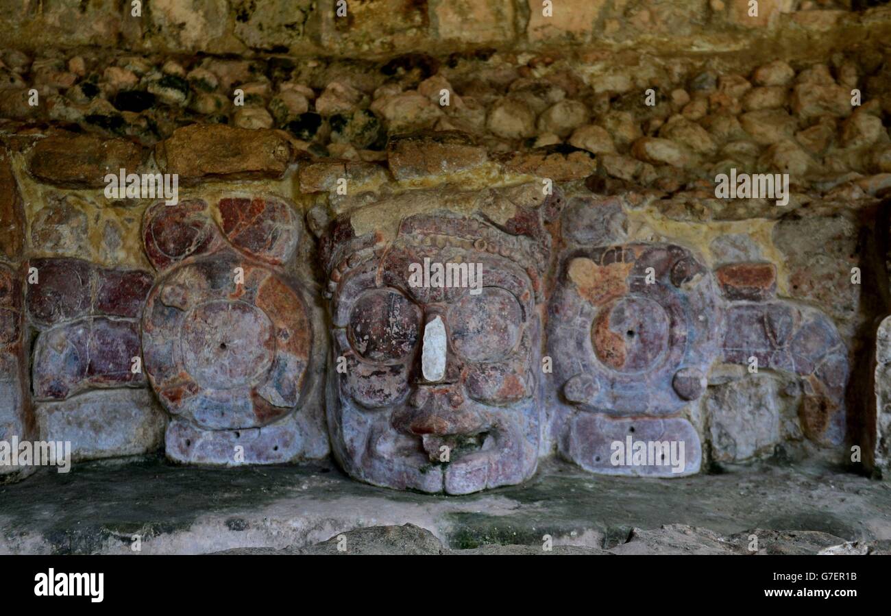 Mayan heads are displayed at the Edzná Archaeological Site in Campeche ...