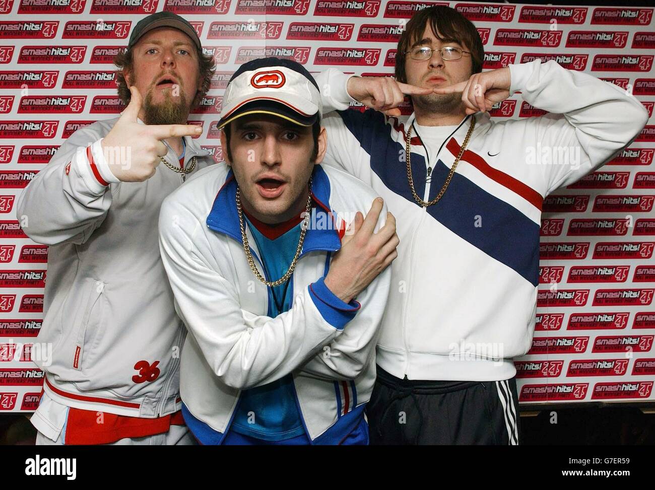 Members of Welsh rap collective Goldie Lookin' Chain, backstage during ...