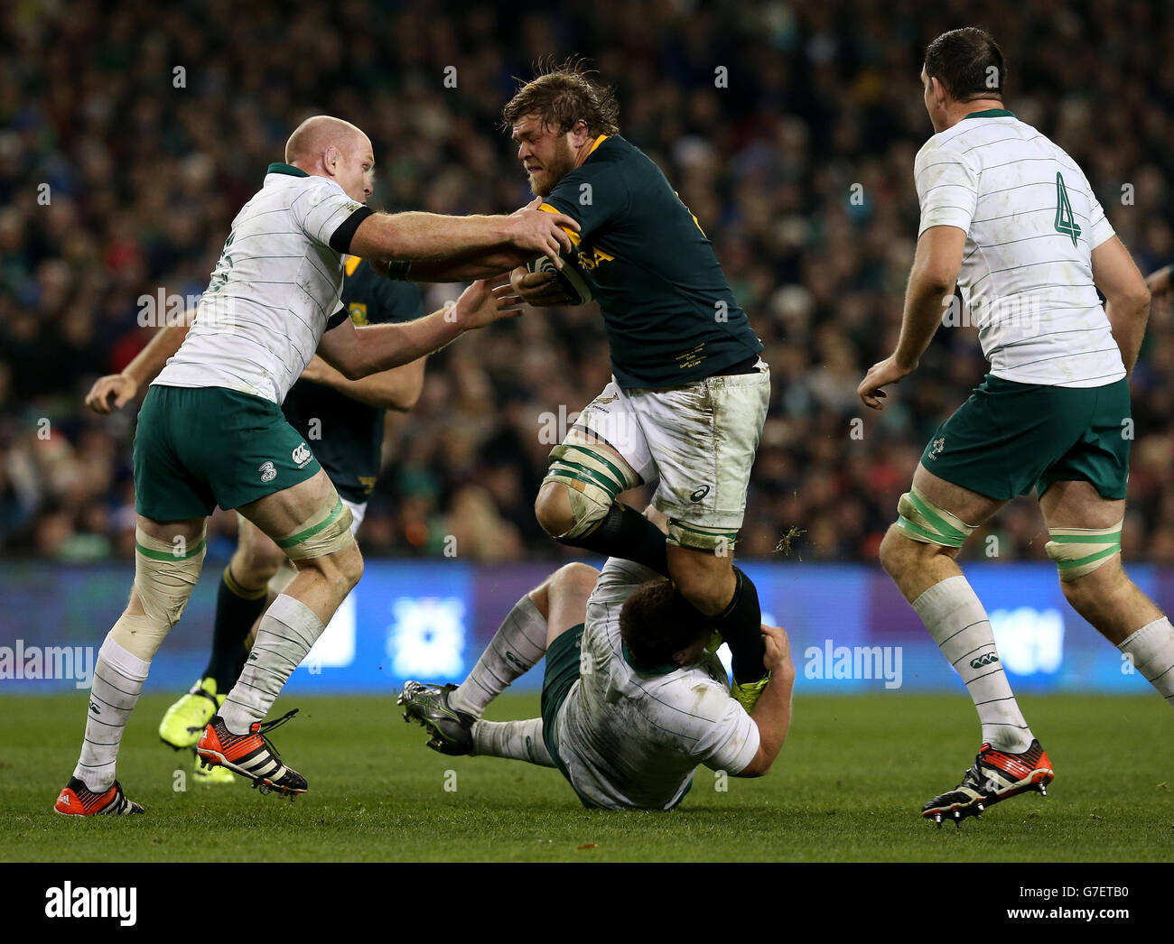 South Africa's Duane Vermeulen is tackled by Ireland's Paul O'Connell ...