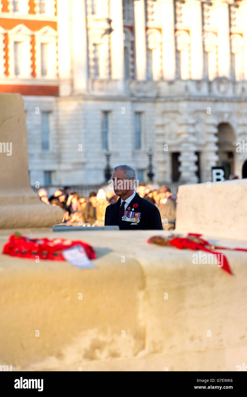 The Prince of Wales lays a wreath during the Welsh Guards Remembrance ...