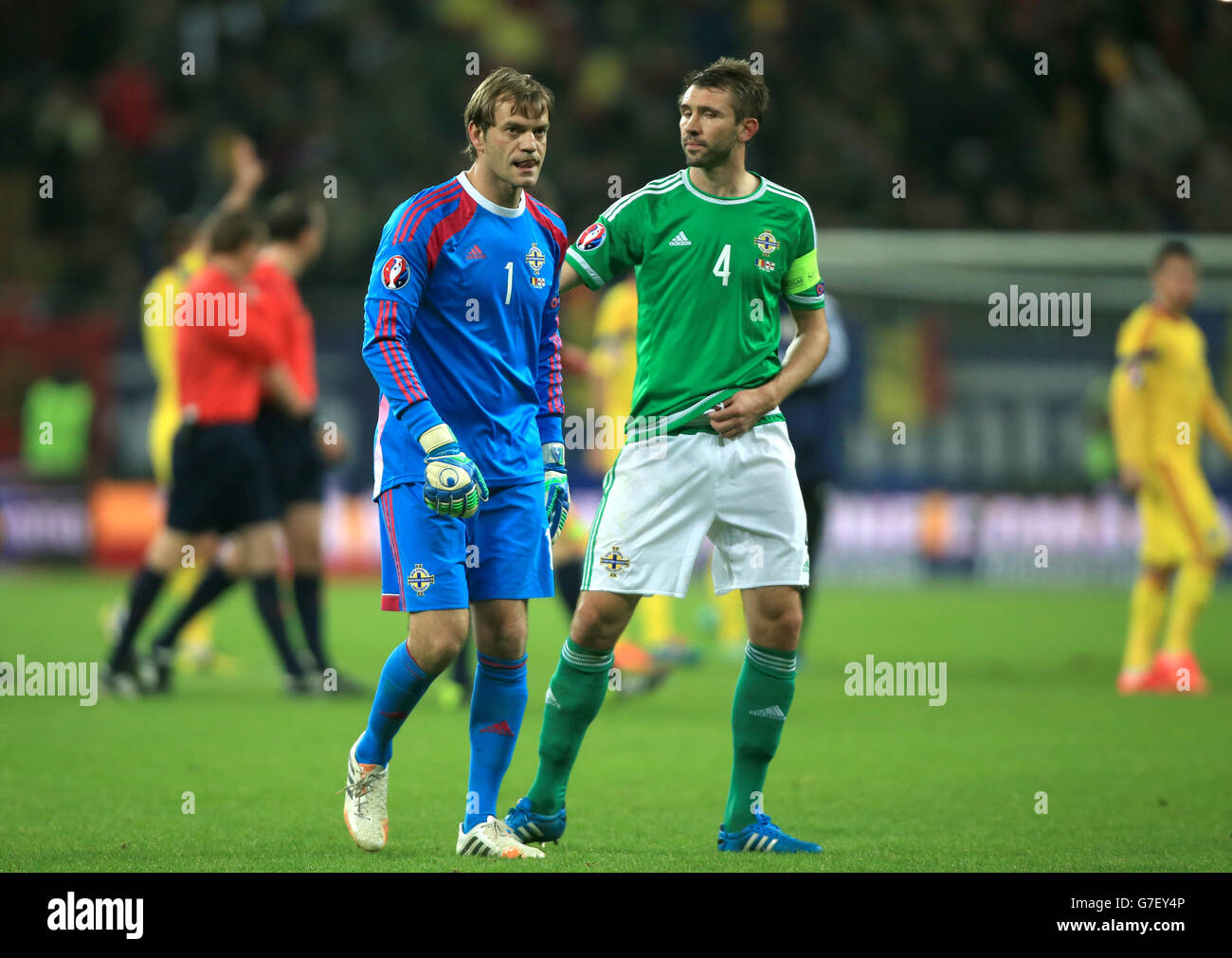 Northern Ireland goalkeeper Roy Carroll (left) and Gareth McAuley look ...
