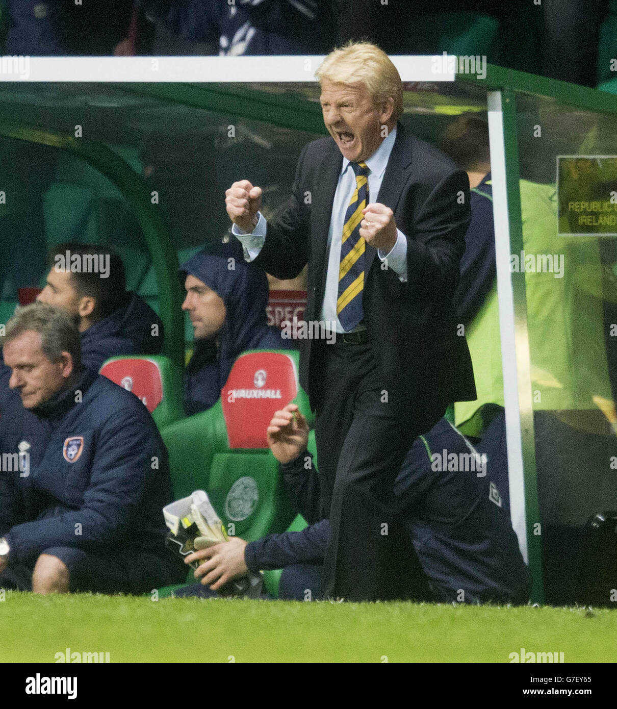 Scotland manager Gordon Strachan celebrates at the final whistle Stock ...