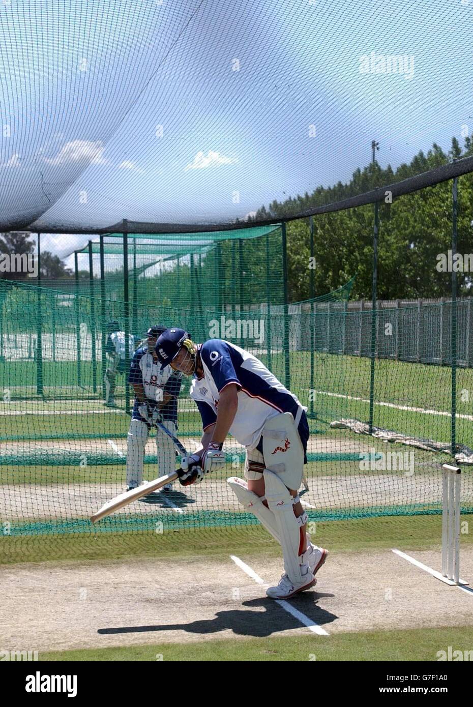 England cricketer Andrew Flintoff bats in the nets at Sedgars Park ...