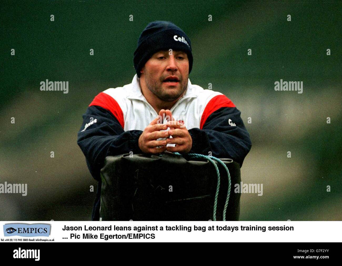 Jason Leonard leans against a tackling bag at todays training session ...