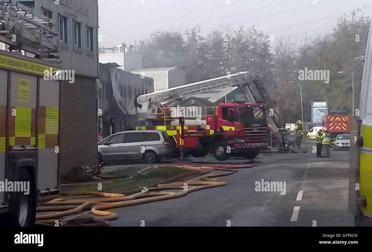 Fire brigade at the scene of a fire at a fireworks factory in Stafford ...