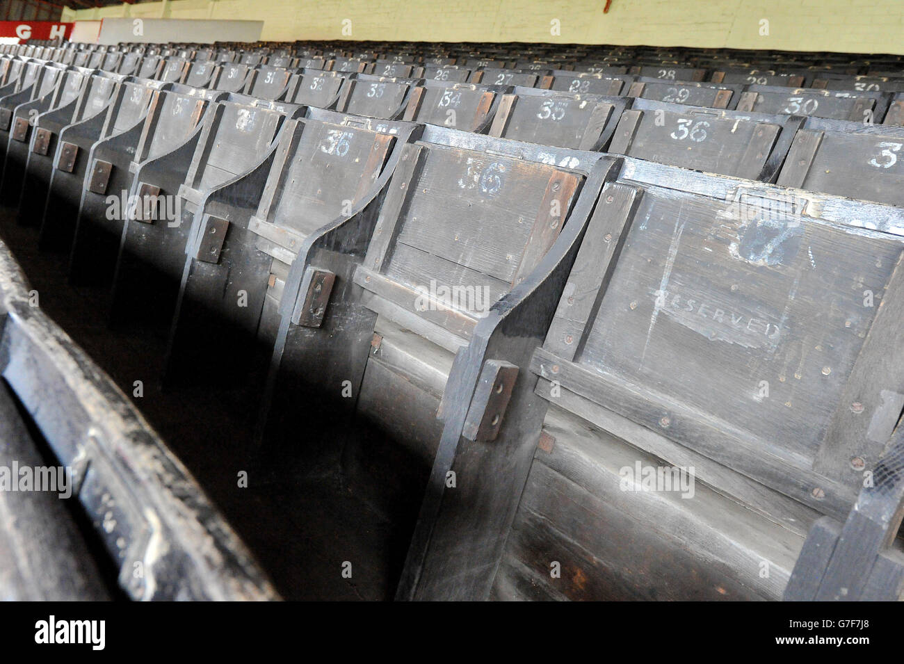 General view of the wooden seats at Oakwell football stadium Stock ...